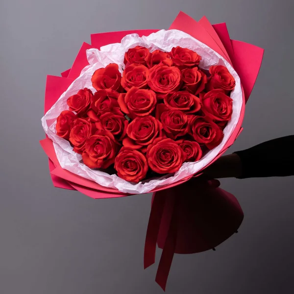 Bouquet of 25 Red Roses in Red Wrapping - Flower21